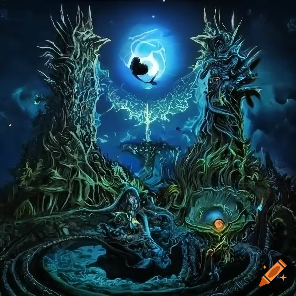 Jinmenju tree, black dragon Nidhogg, starscape, throne, Hades ...