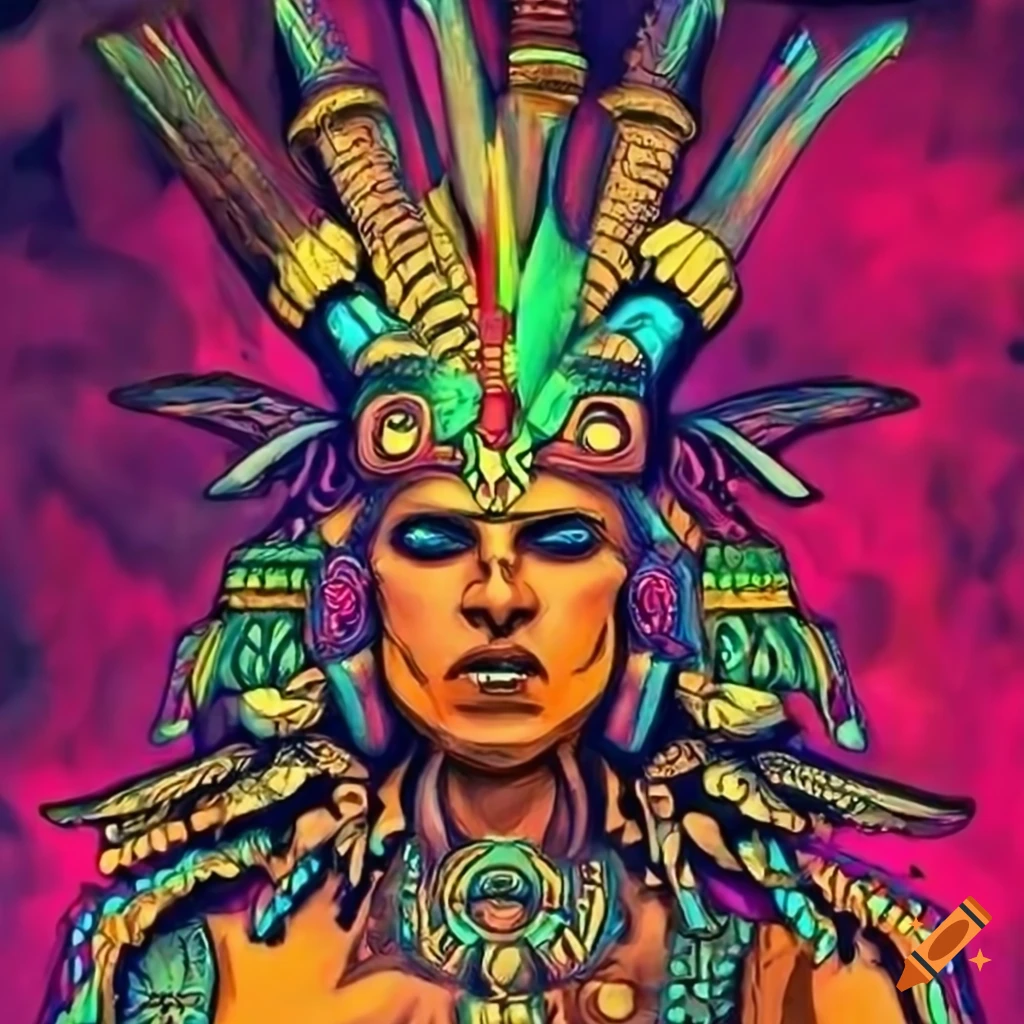 Colorful aztec warrior in a psychedelic style on Craiyon