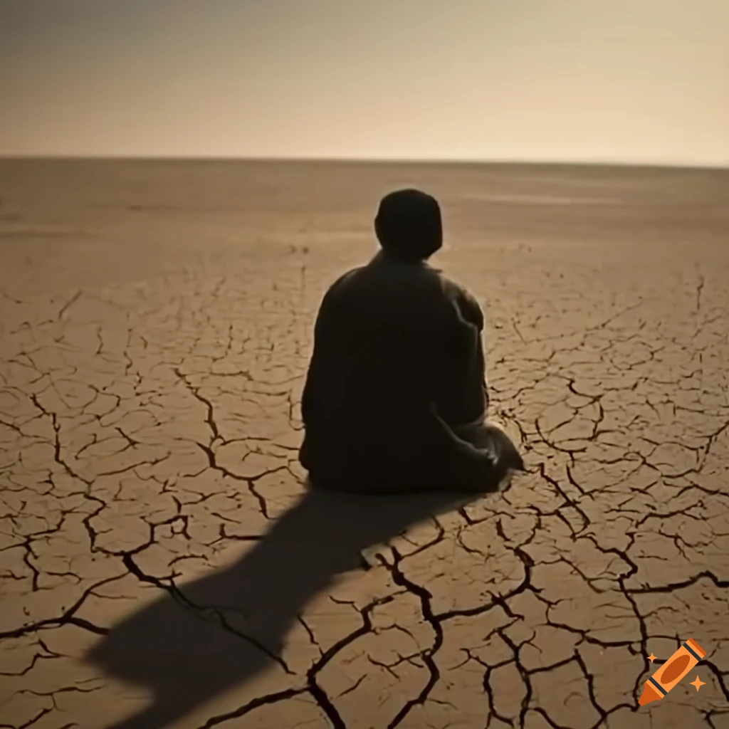 Man kneeling on parched earth, captured in wonder on Craiyon