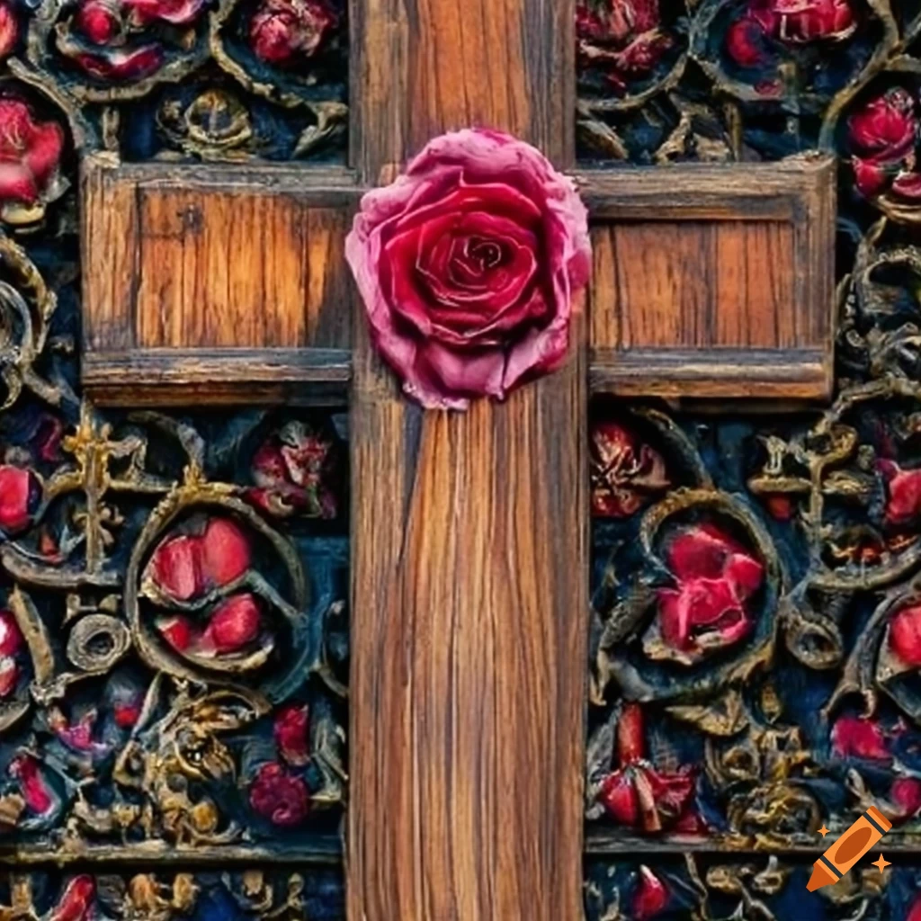 Medieval wooden cross with vibrant red roses design on Craiyon