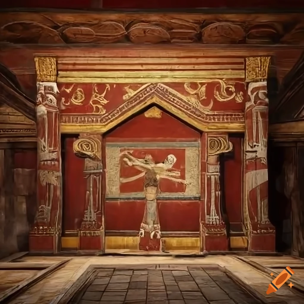 Etruscan-hittite-viking wooden temple fresco painting of a red-haired ...