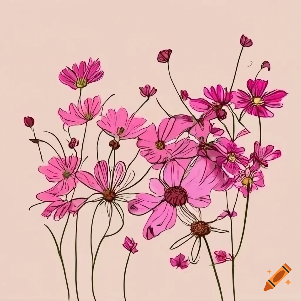 Cosmos flowers line drawing illustration on white background on Craiyon