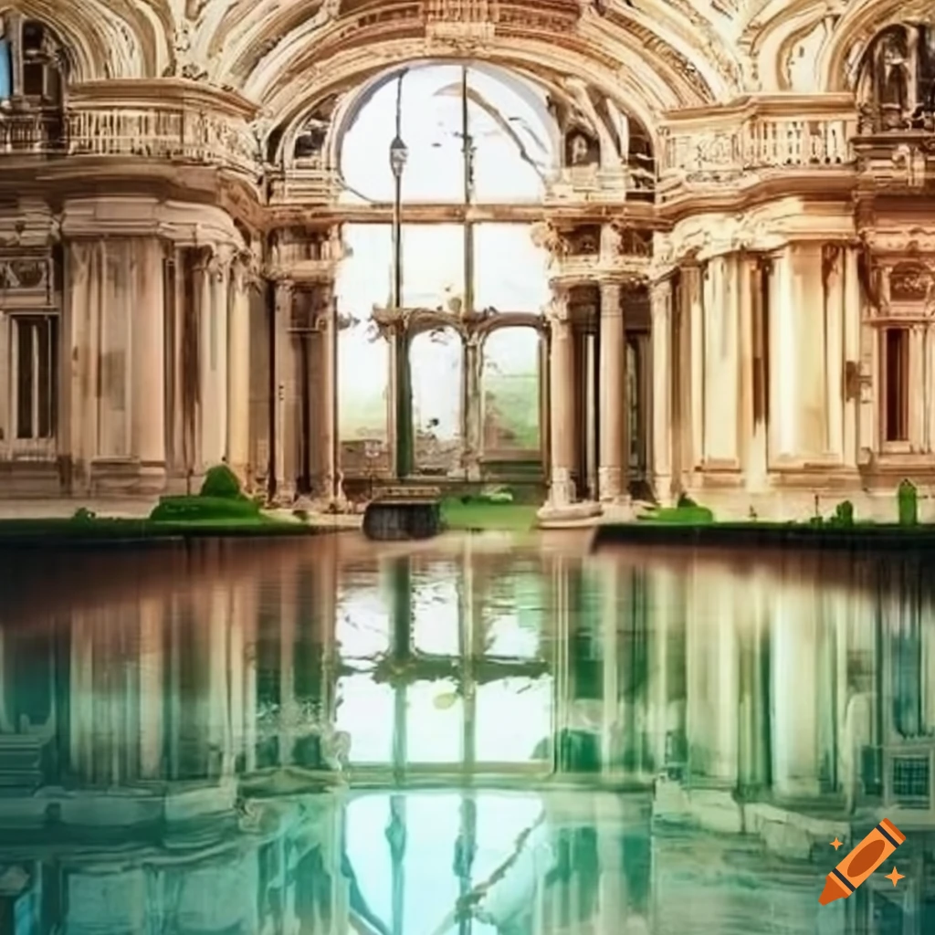 Interior river palace with a person on a platform on Craiyon