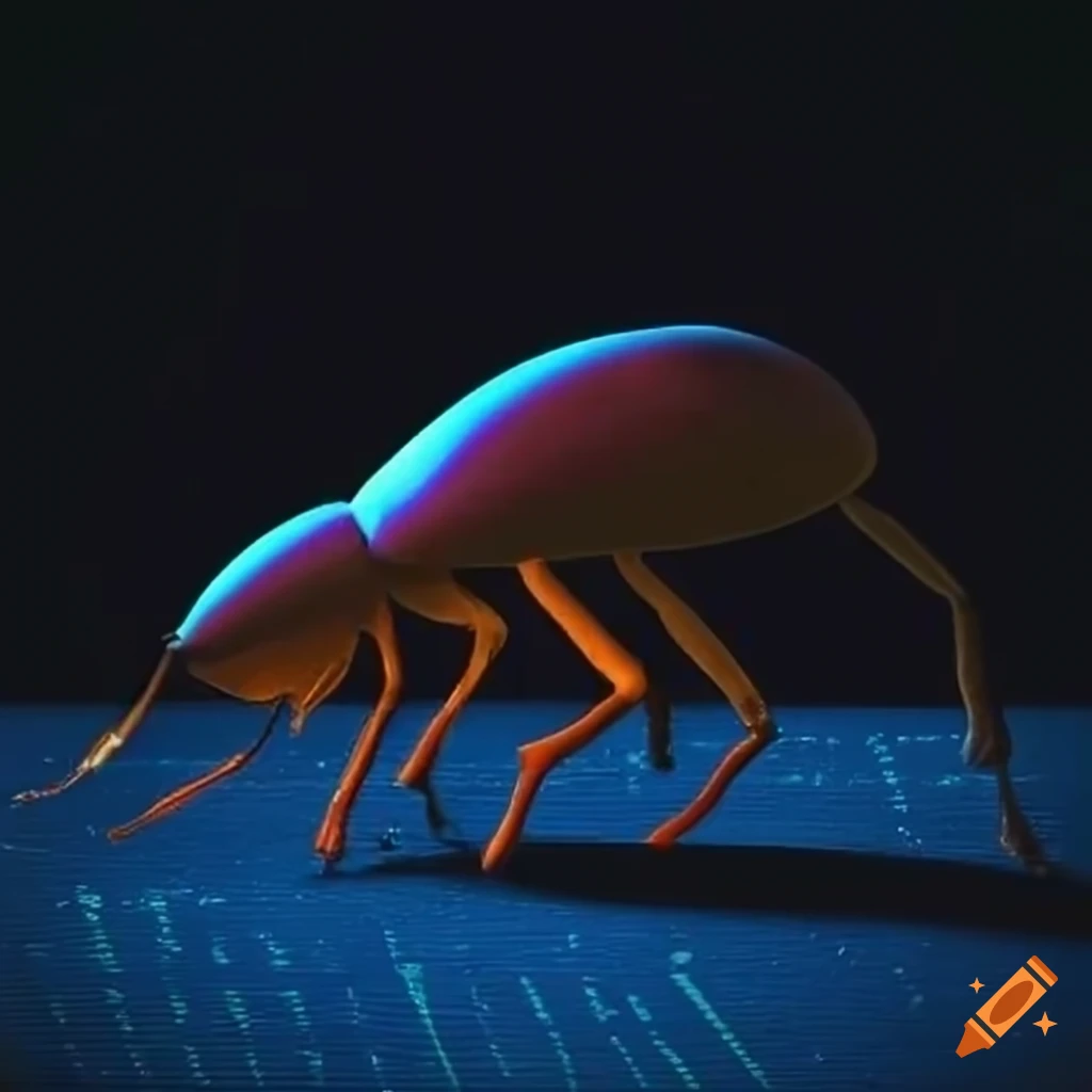 Bug crawling over code on a screen on Craiyon