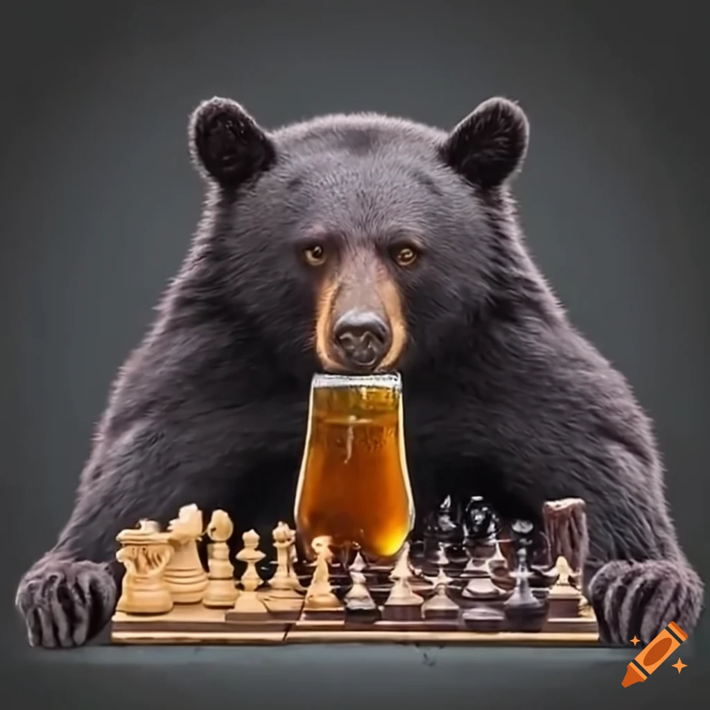 Black bear playing chess with a beer on Craiyon