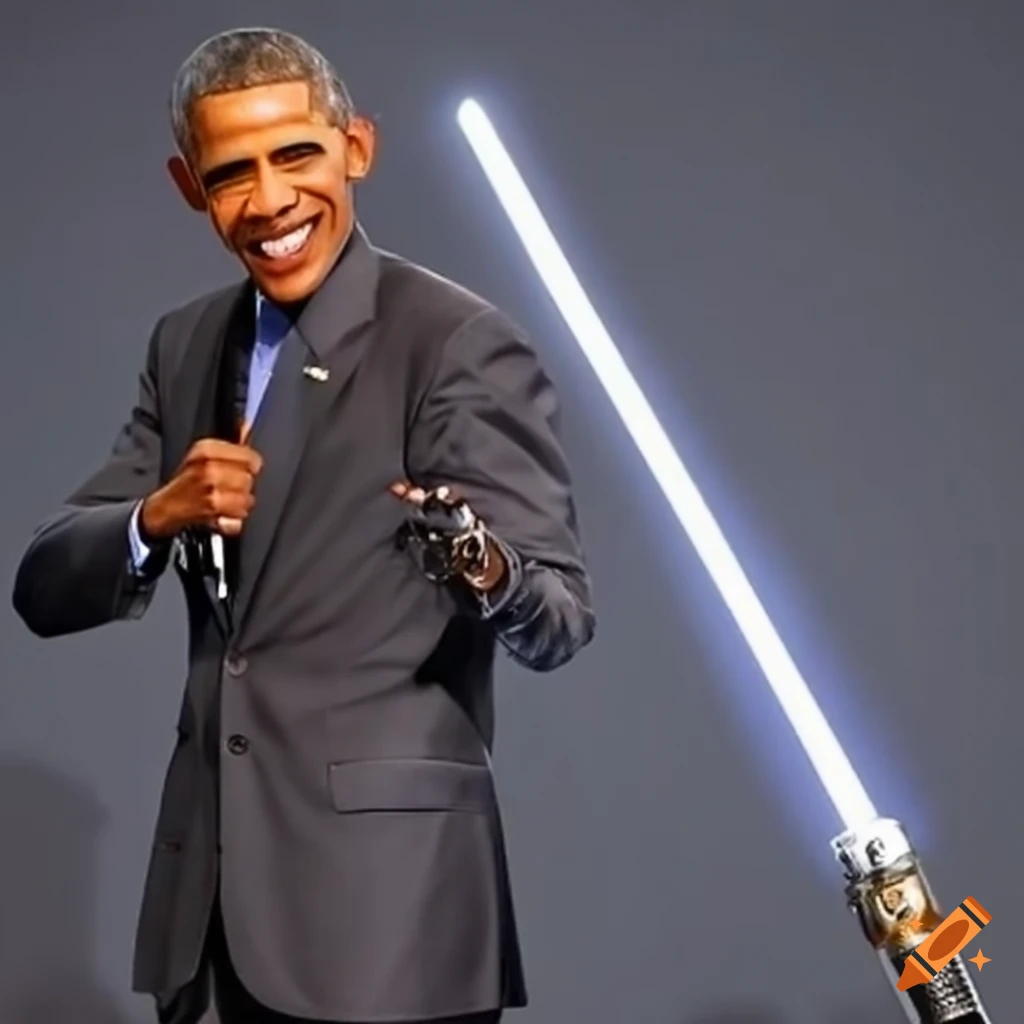 Barack obama with a double-sided lightsaber attached to his back on Craiyon