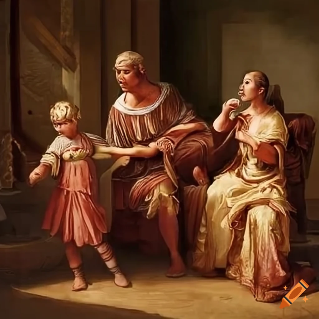 Illustration of roman families depicting their houses, clothing, and ...