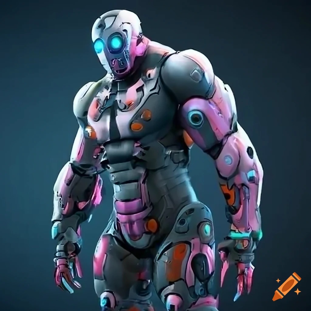 Futuristic bulky cyborg character in even lighting for a video game on ...