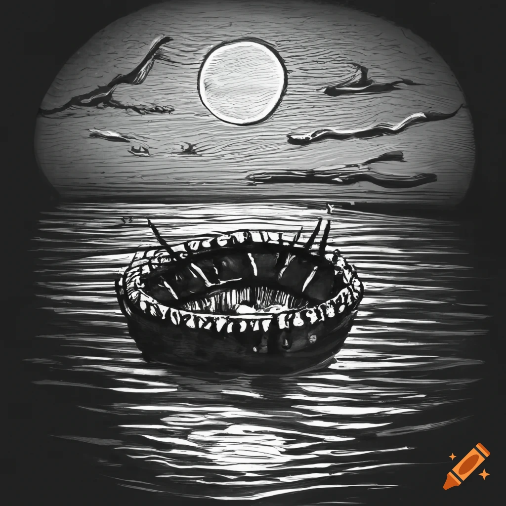 Stylized black and white ink drawing of an empty coracle floating on ...