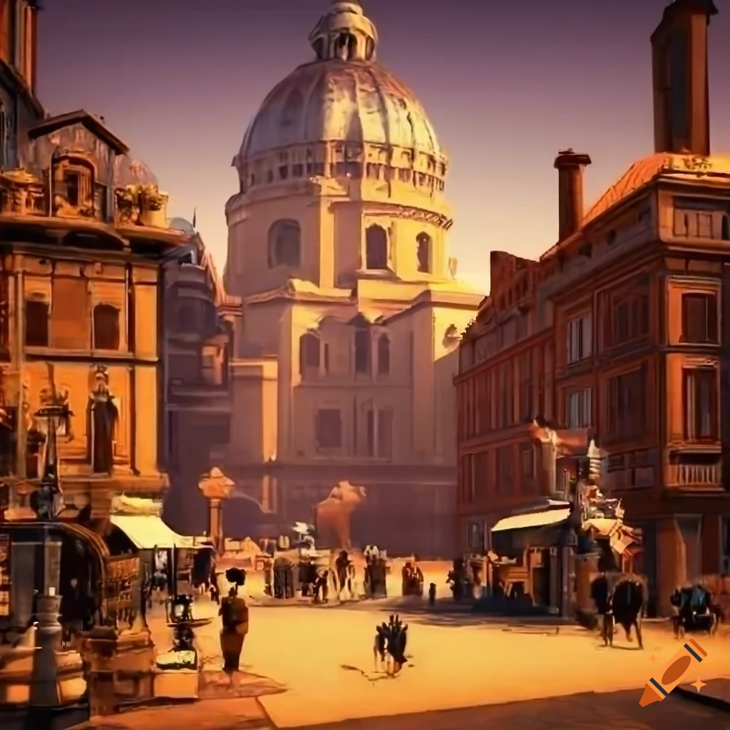 Busy town square in a steampunk and roman fusion world on Craiyon