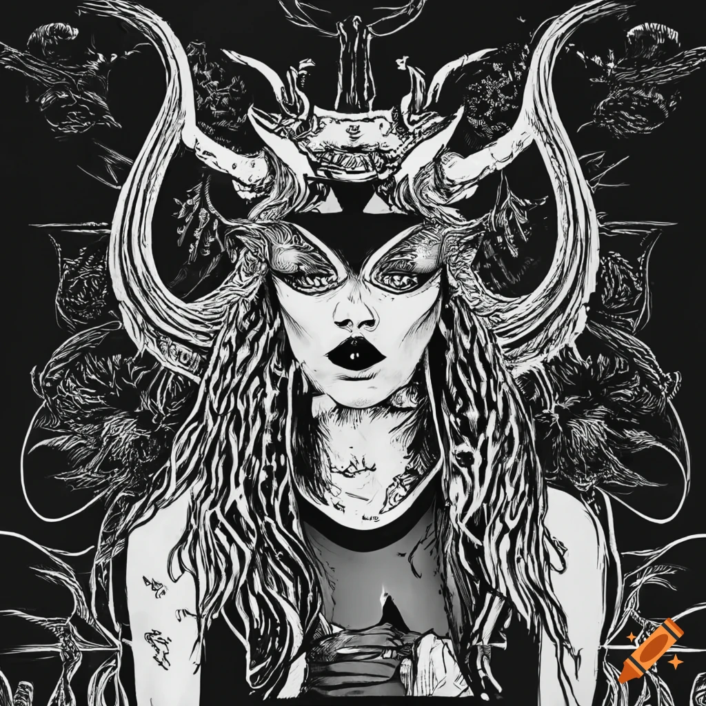 Dark and mystic devil tarot card with a beautiful horned woman on Craiyon