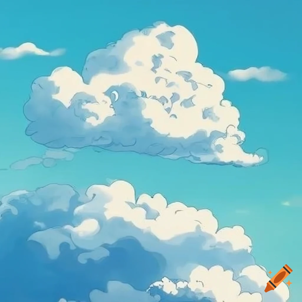 Studio ghibli style drawing of clouds in a clear sky on Craiyon