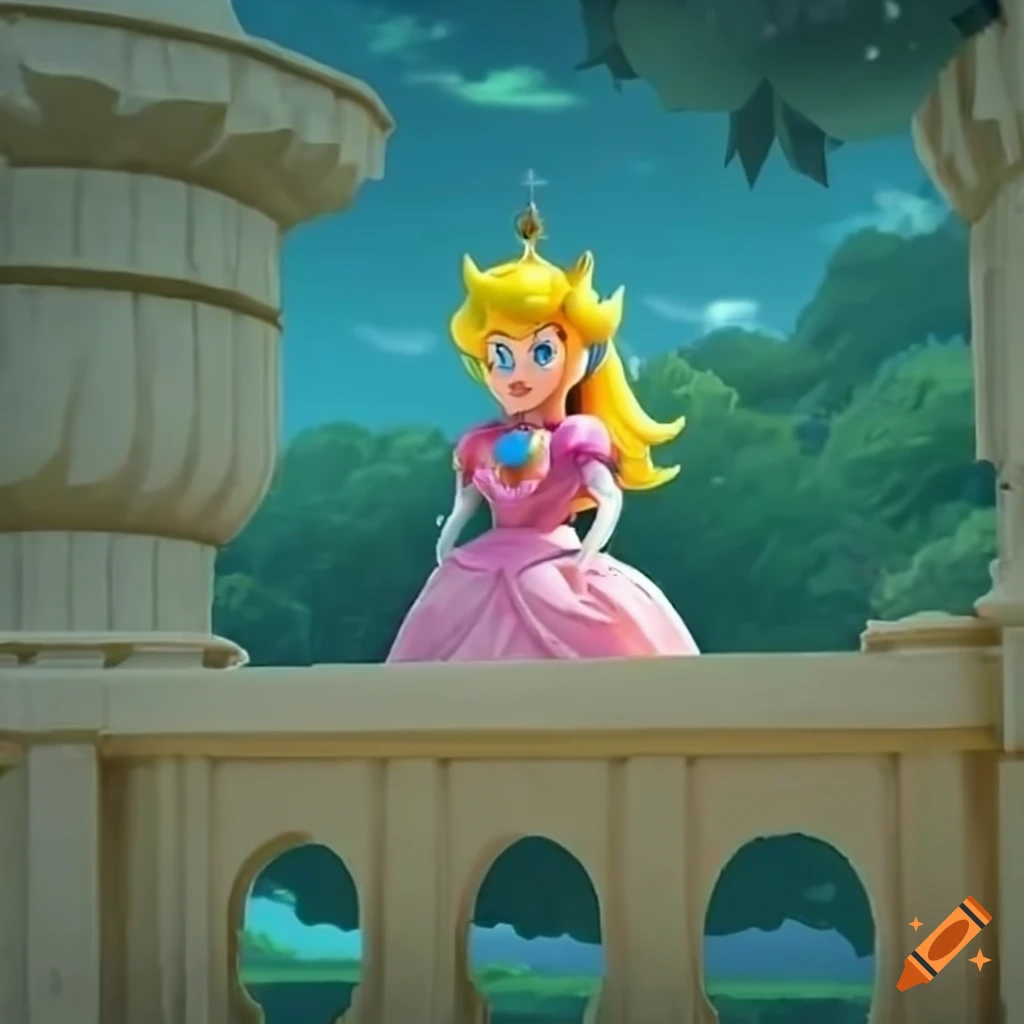 Princess Peach with an umbrella floating down from a royal castle in ...