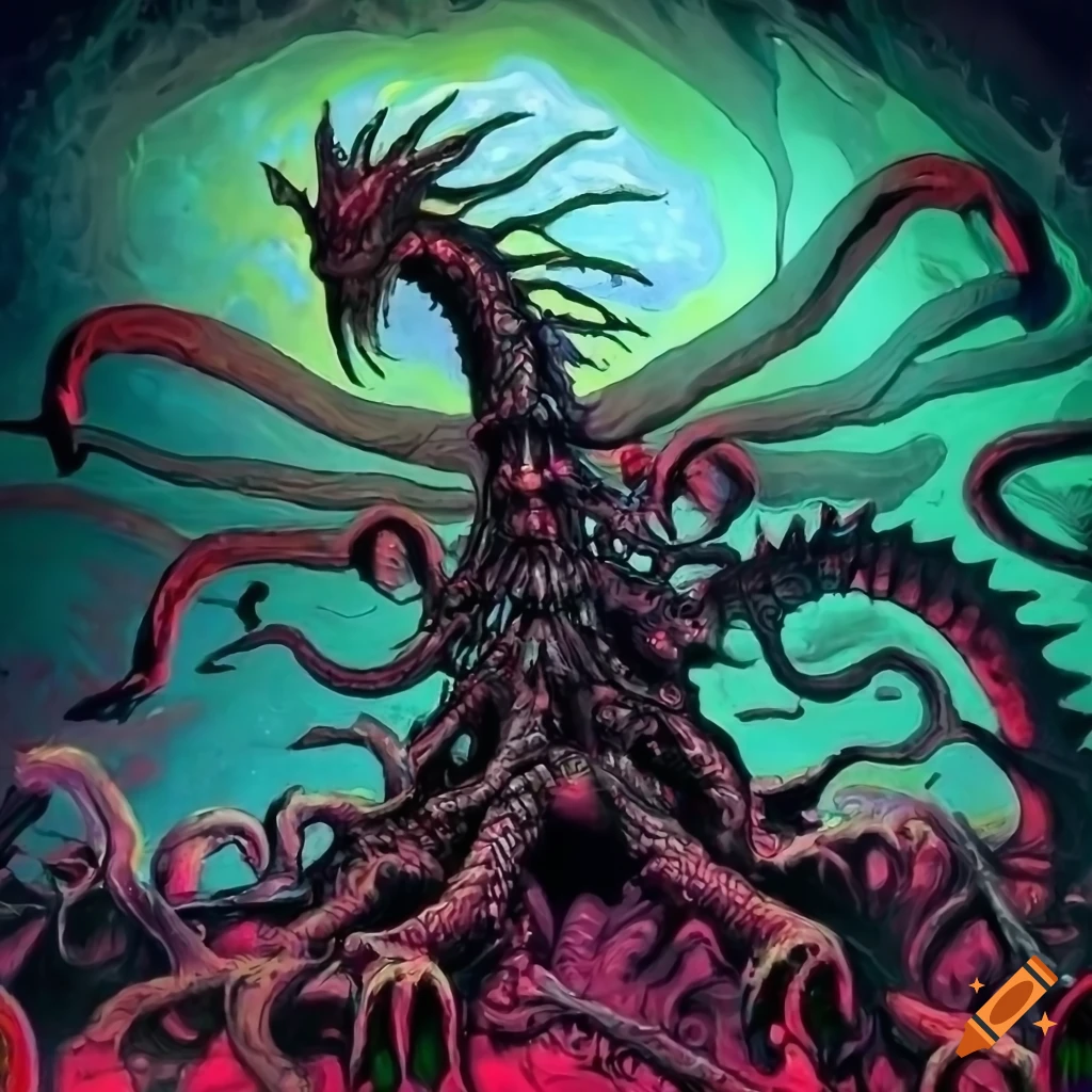 Lovecraftian Jinmenju world tree mural with heavy metal and epic ...