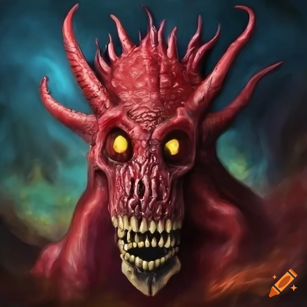 Red dragon with droopy skull head in a realistic painting on Craiyon