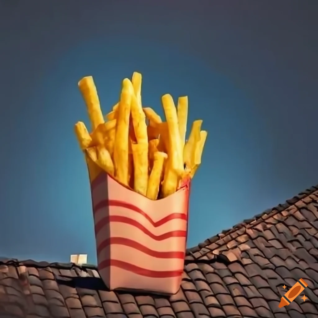 Giant french fries on a house roof in a dramatic scene on Craiyon