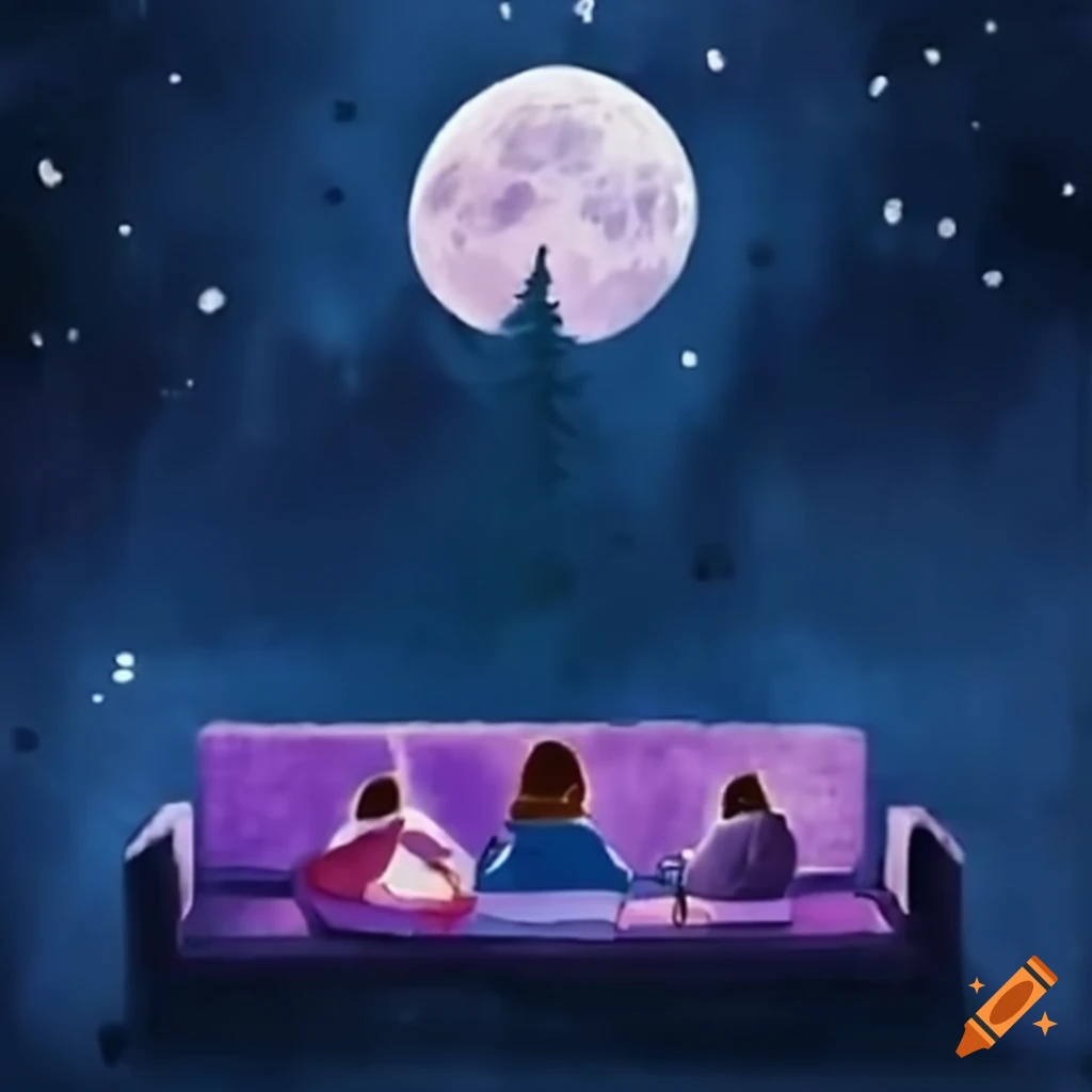 Watching movies at night with moonlight on Craiyon