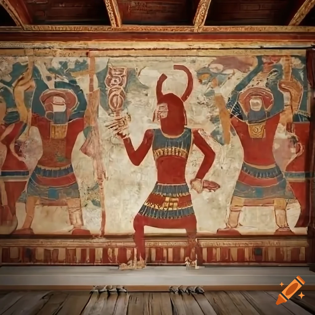 Fresco painting of a pale-skinned, red-haired sky god with a golden ...