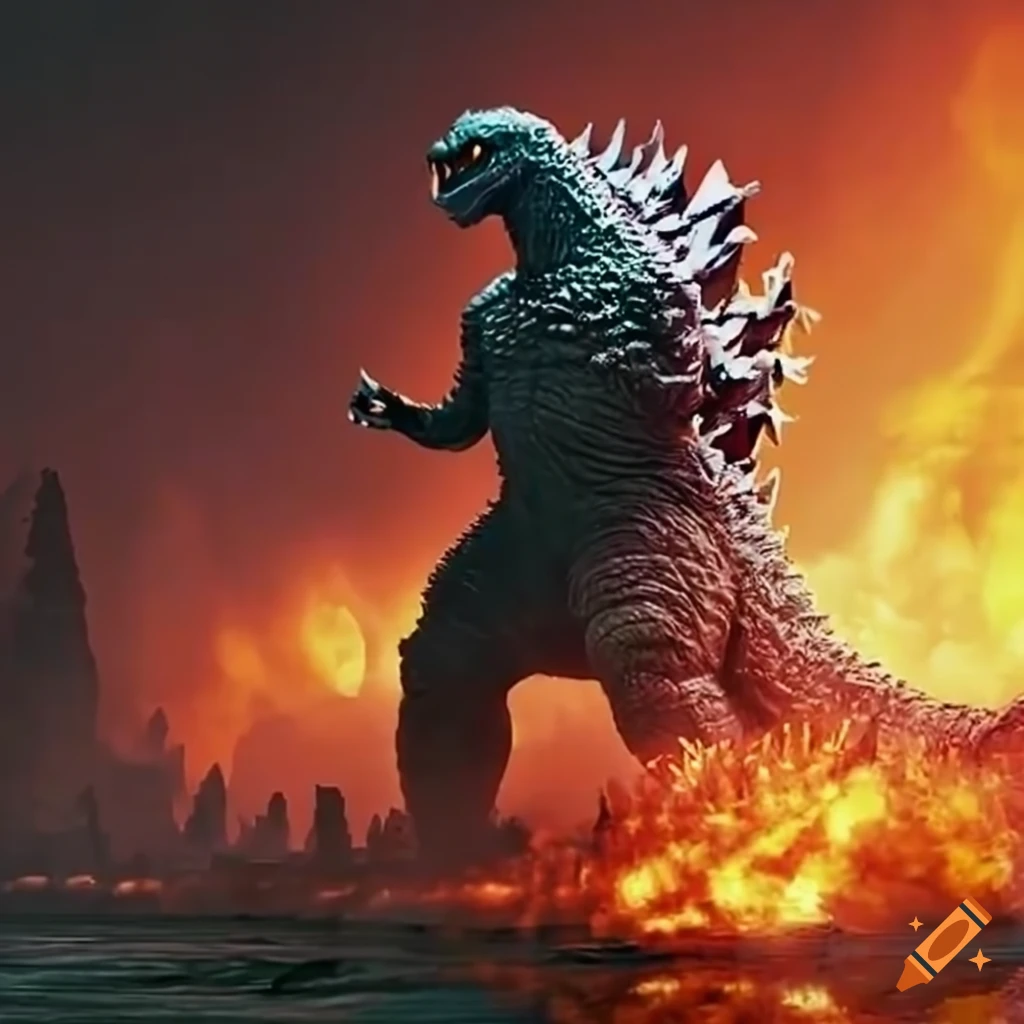 Rampaging godzilla engulfed in fire on Craiyon
