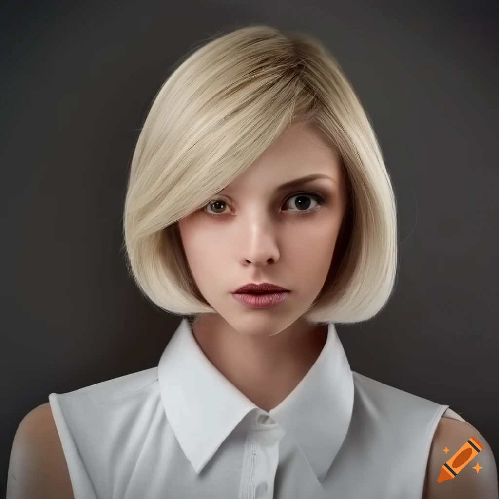 Realistic Portrait Of A Woman With Blonde Bob Hair And White Shirt On
