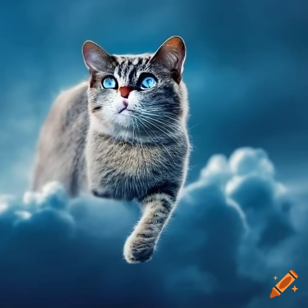 Blue-eyed cat flying above the clouds on Craiyon