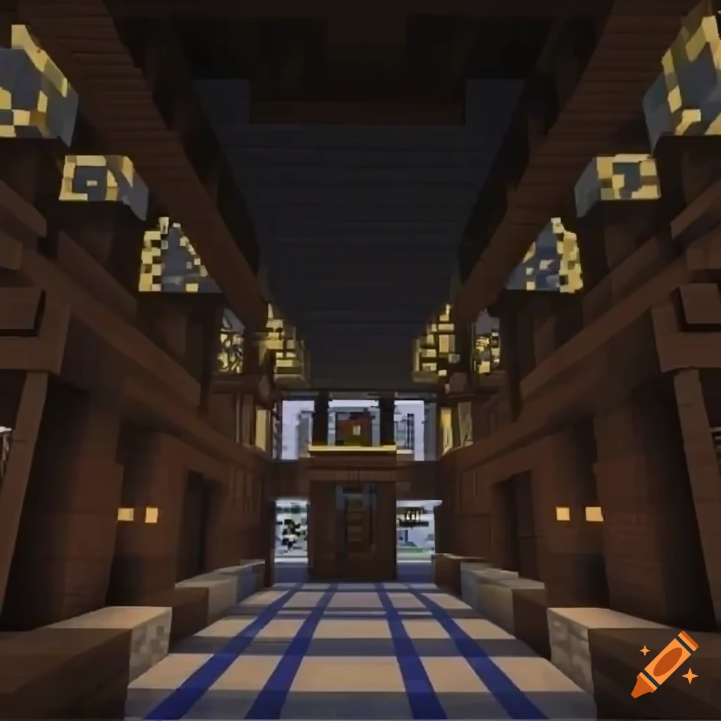 Interior of a Minecraft train station building with stairs and large ...