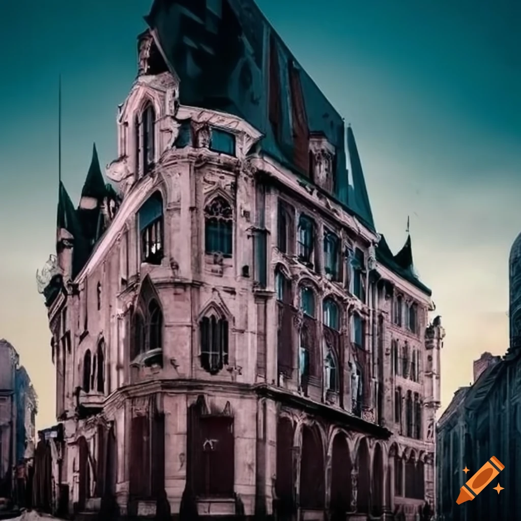 Gothic fantasy white hotel exterior on a street on Craiyon