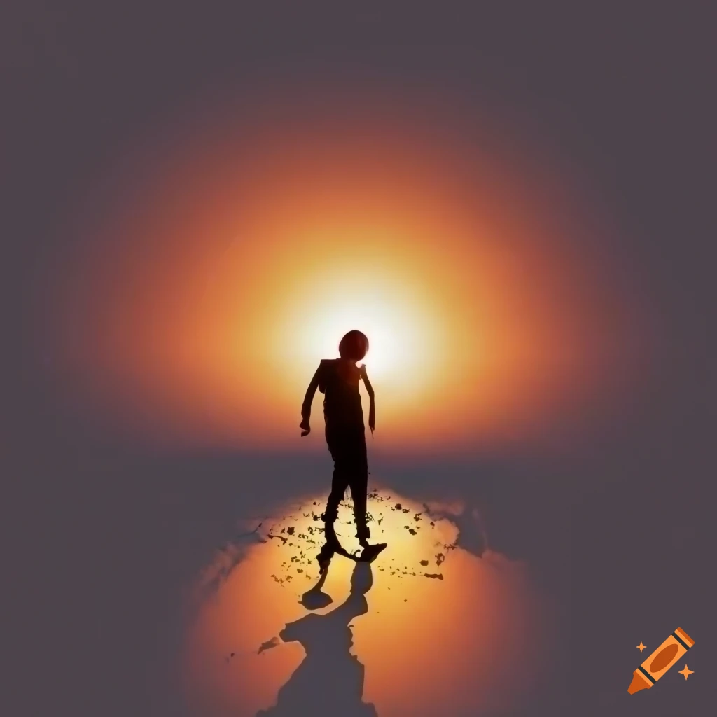 Silhouette of person with evening horizon sun behind, shadow resembling ...