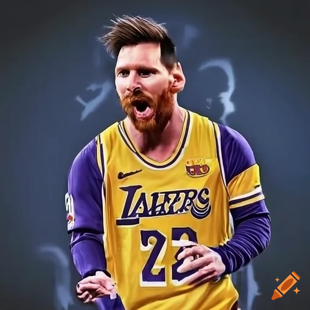 Lionel Messi wearing a Lakers jersey on Craiyon