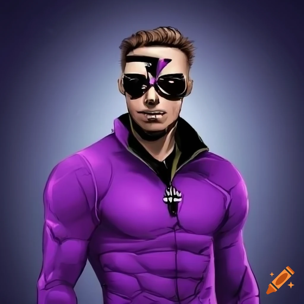 Superhero in white and purple attire with sunglasses and a cape on Craiyon