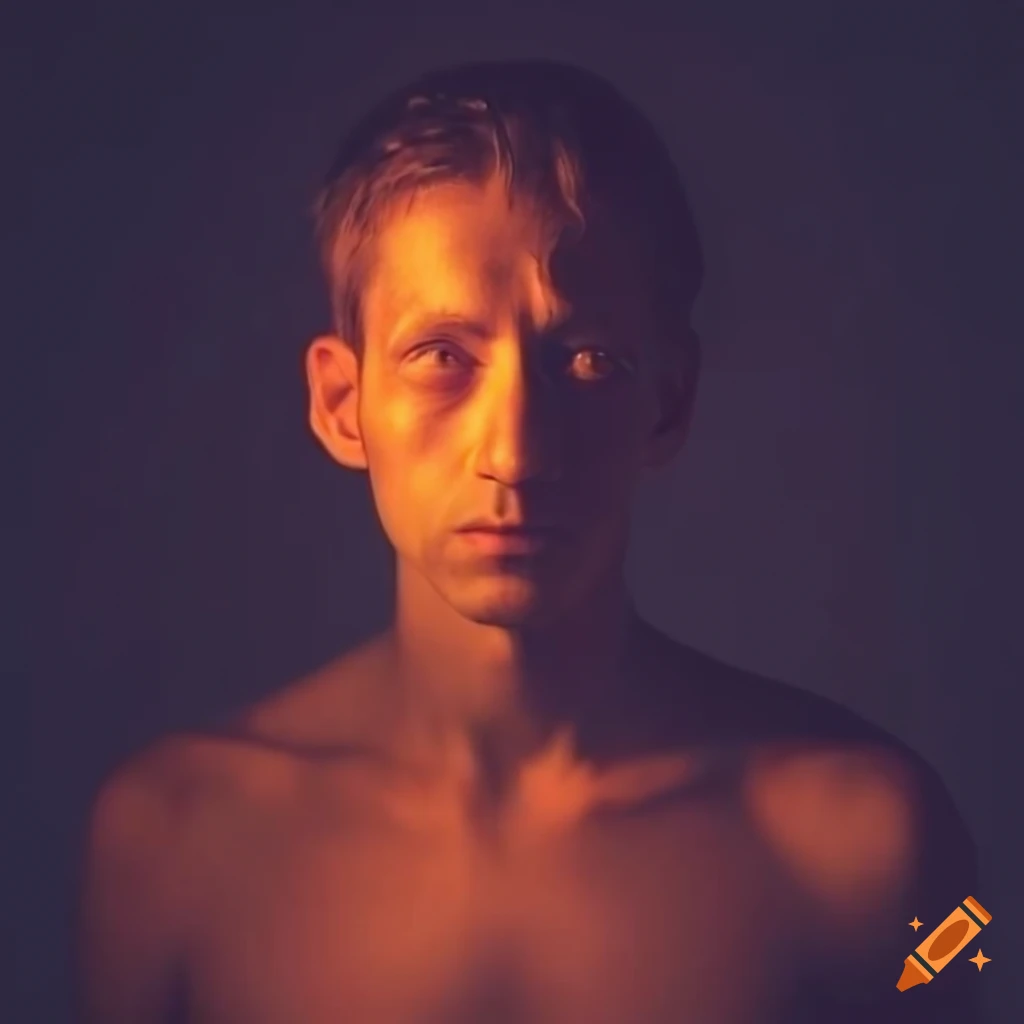 Man illuminated by orange light from above and left side on Craiyon