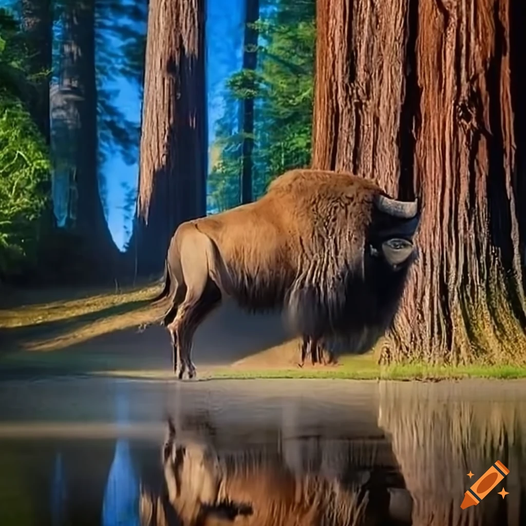 Beautiful white bison under the redwood tree in moonlight on Craiyon