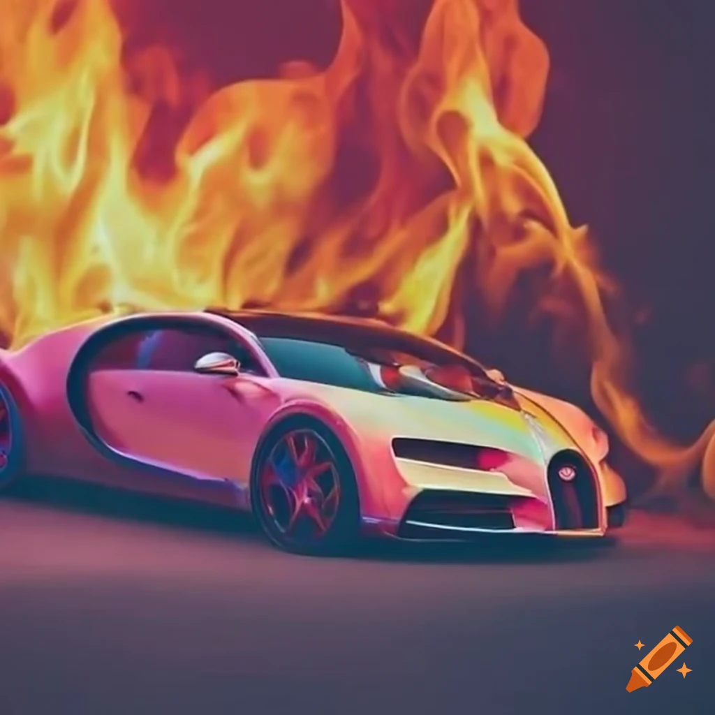 Colorful fire surrounding a bugatti sports car on Craiyon