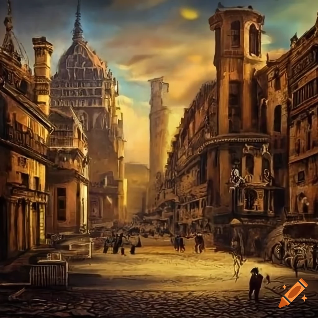 Steampunk and roman civilization city in a da vinci style painting on ...