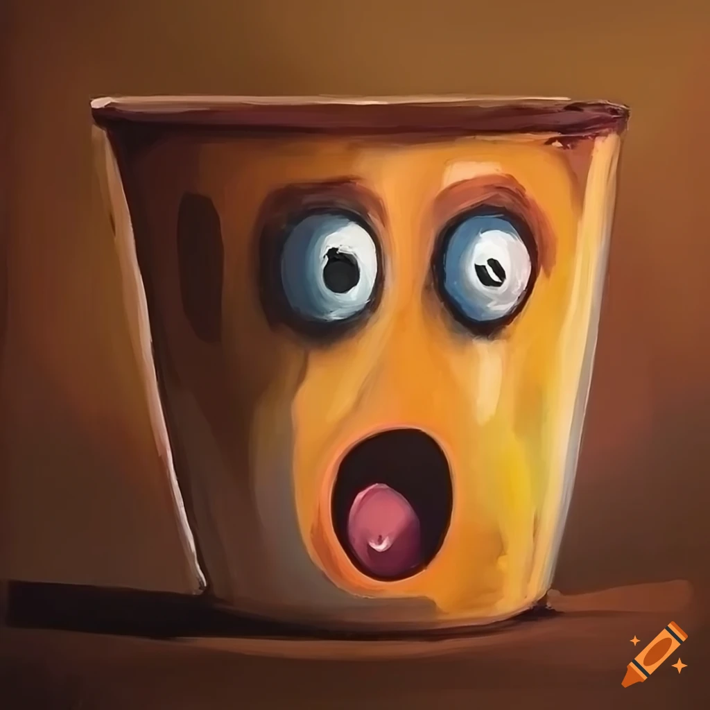 Surprised face depicted as a glass cup in a painting on Craiyon