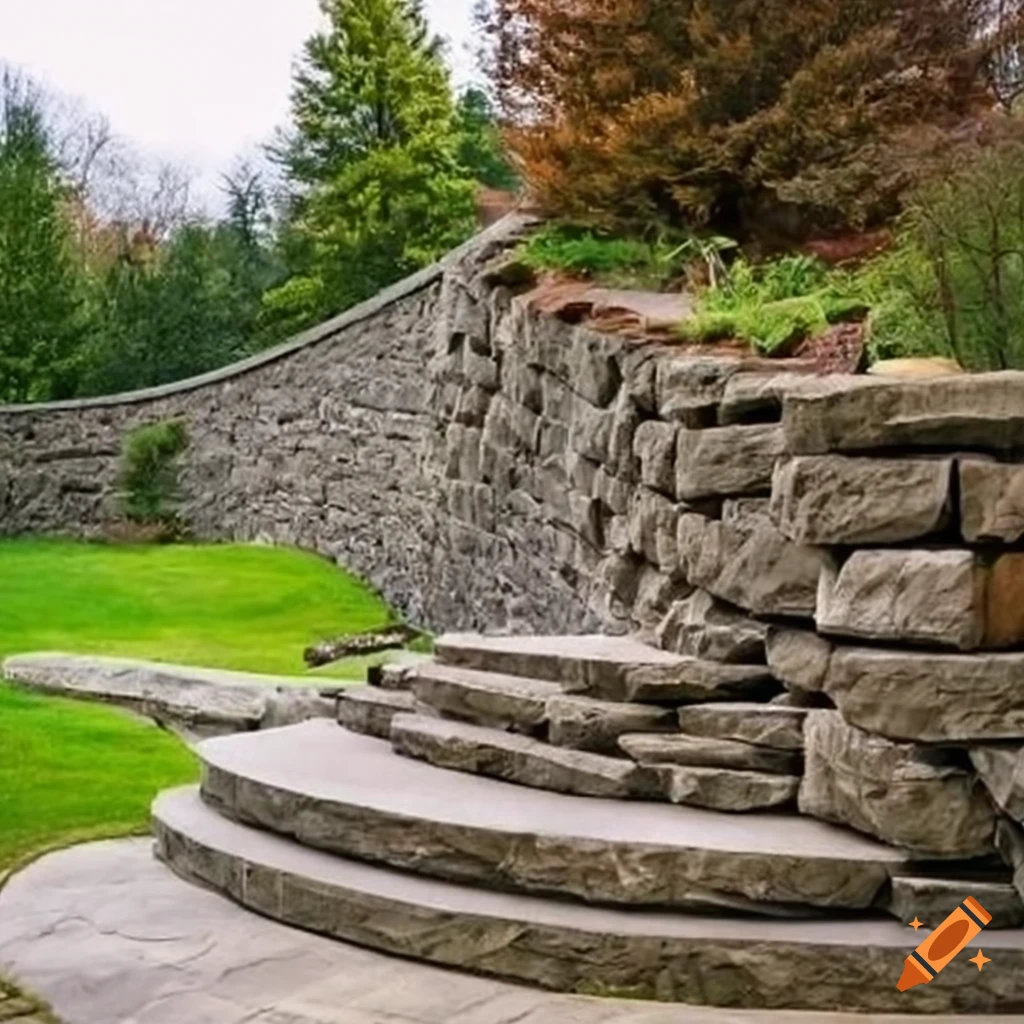Stone retaining wall with cap stone viewed from 40 feet away on Craiyon