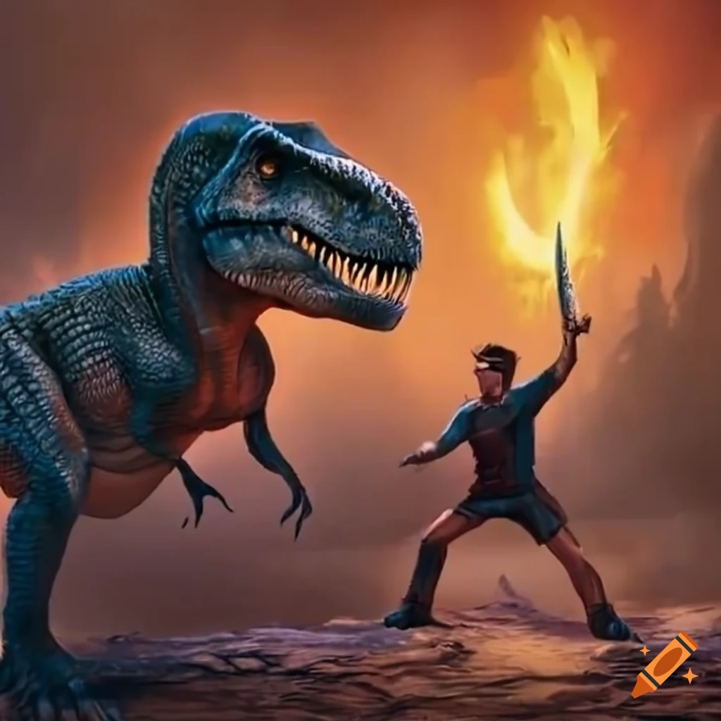 Man wielding a sword attacking a t-rex on Craiyon