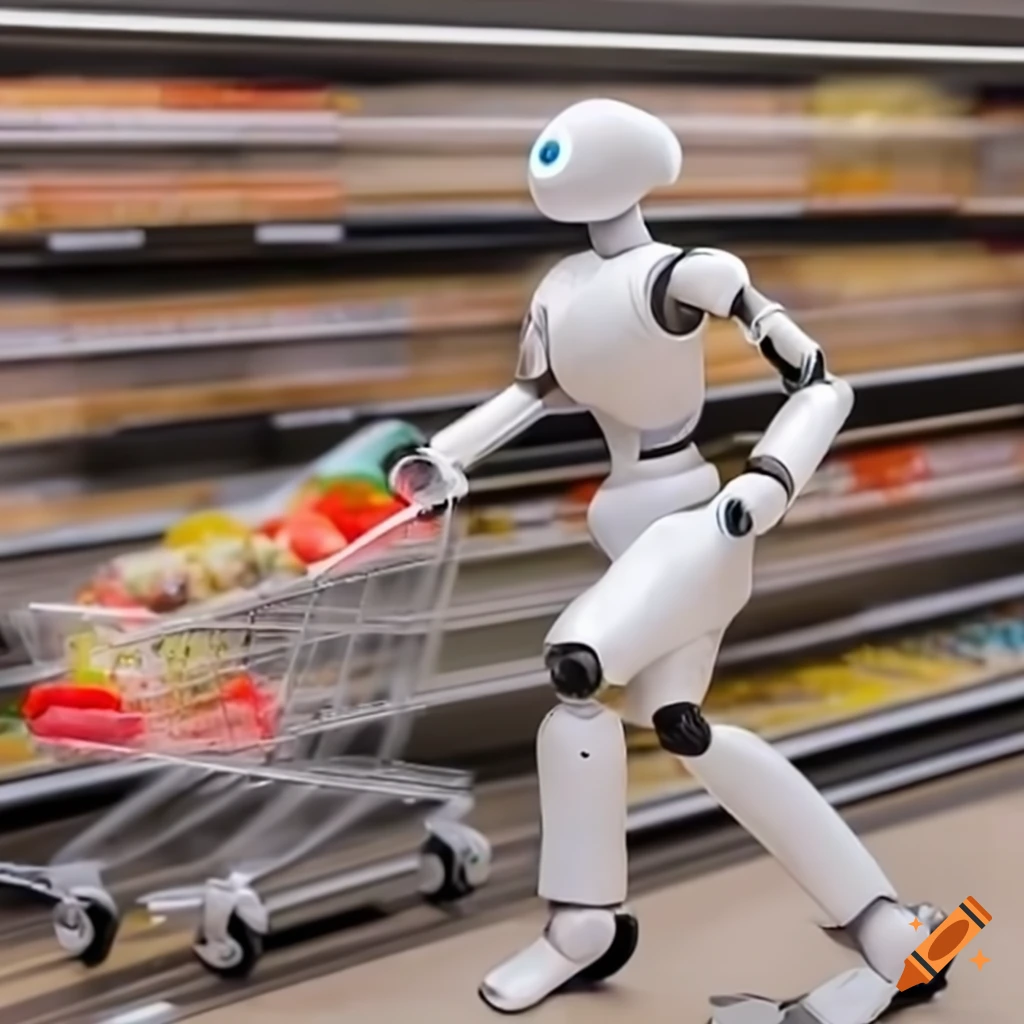 Humanoid robots pushing a shopping cart in a supermarket on Craiyon