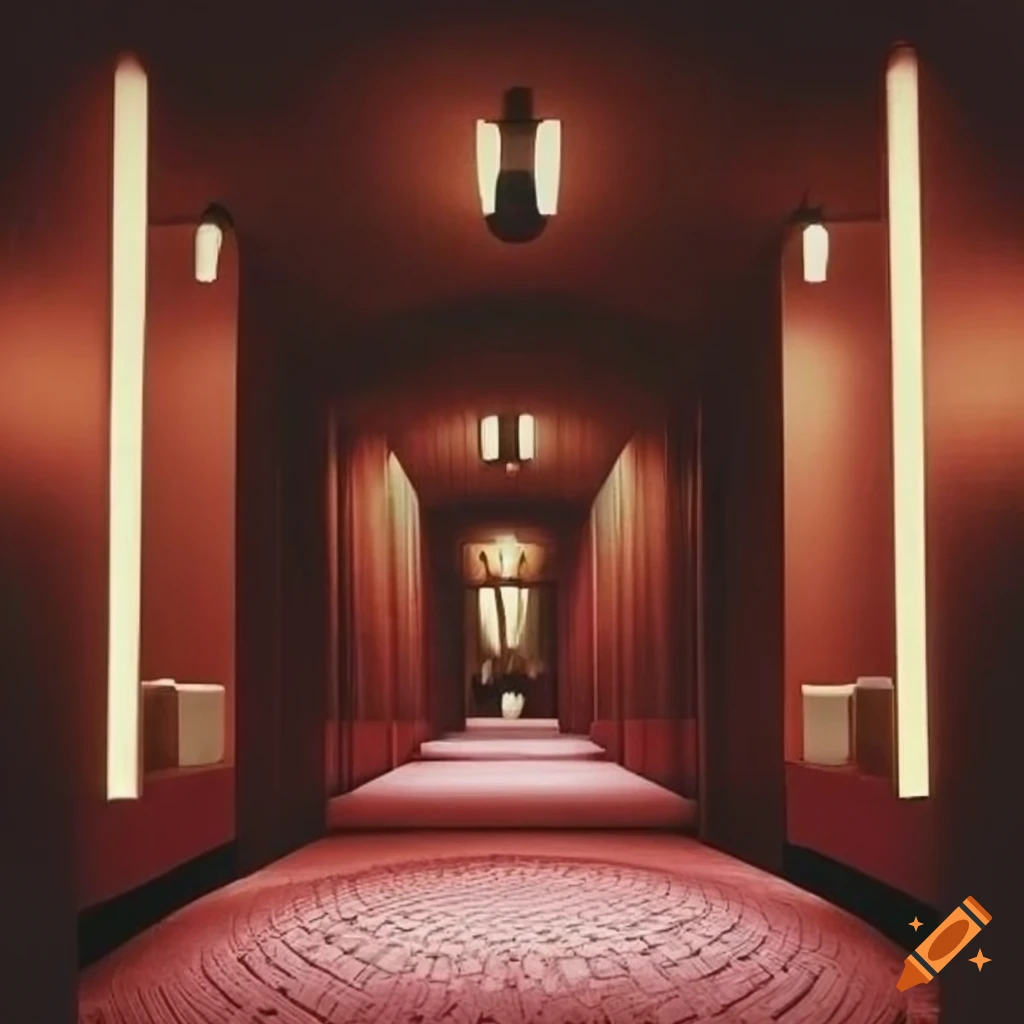 Surreal mid-century modern hotel lobby with a birthday party atmosphere ...