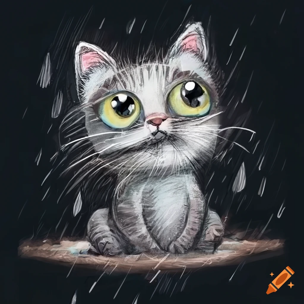 Cartoon cat with big sad eyes getting soaked by the rain in a pencil ...