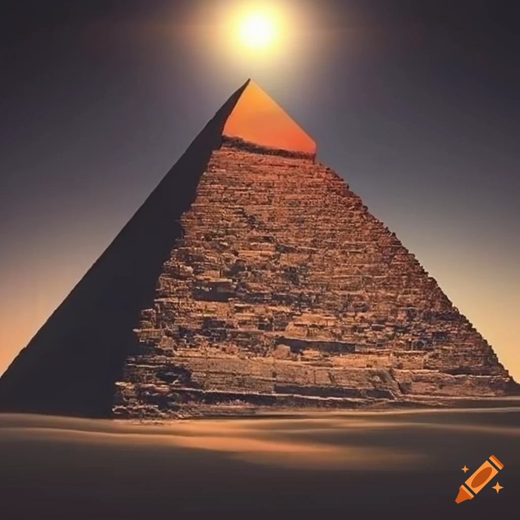 Great pyramid with shining sun on top in a dream-like chiaroscuro style ...