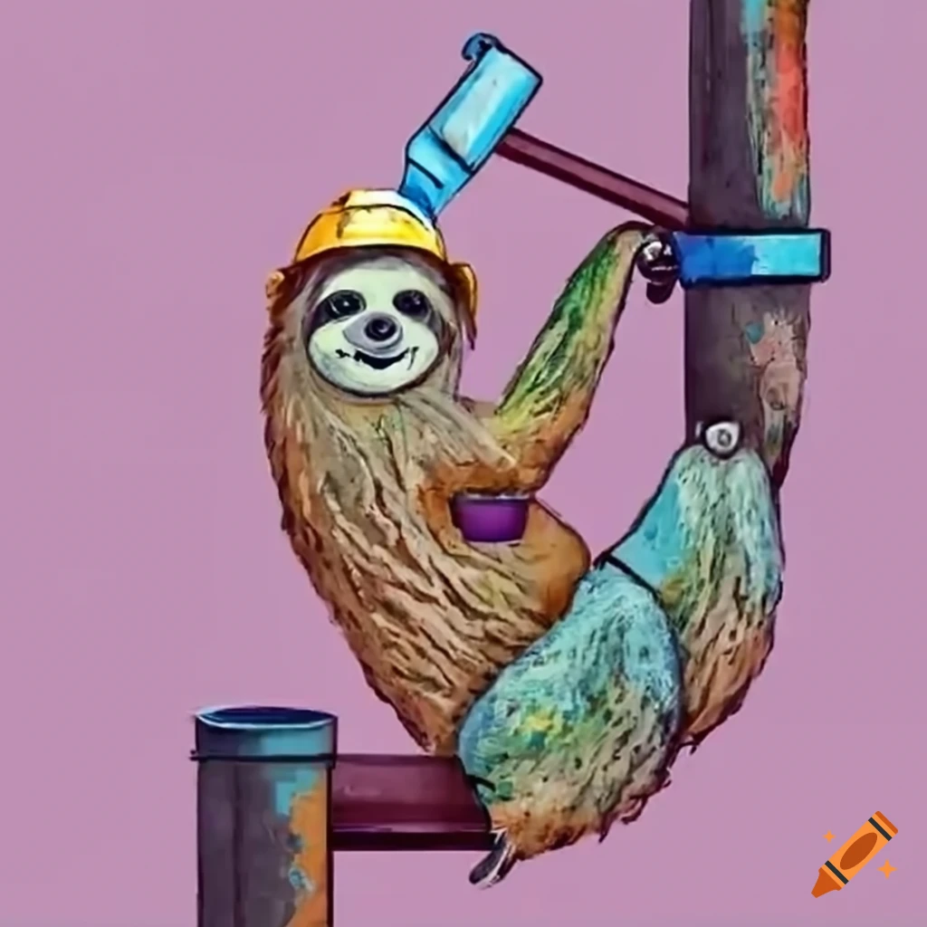 Sloth with coffee in a construction helmet hanging on a pipe on Craiyon