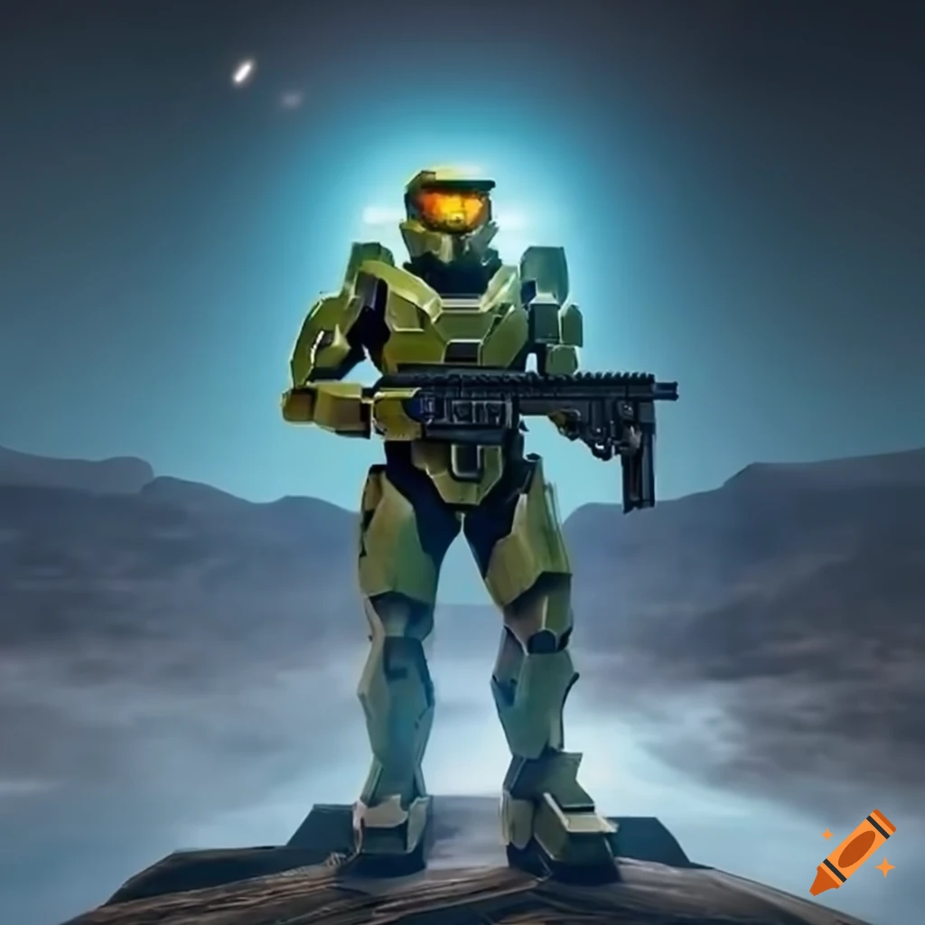 Master chief in combat gear with a rocket launcher on a mysterious ...