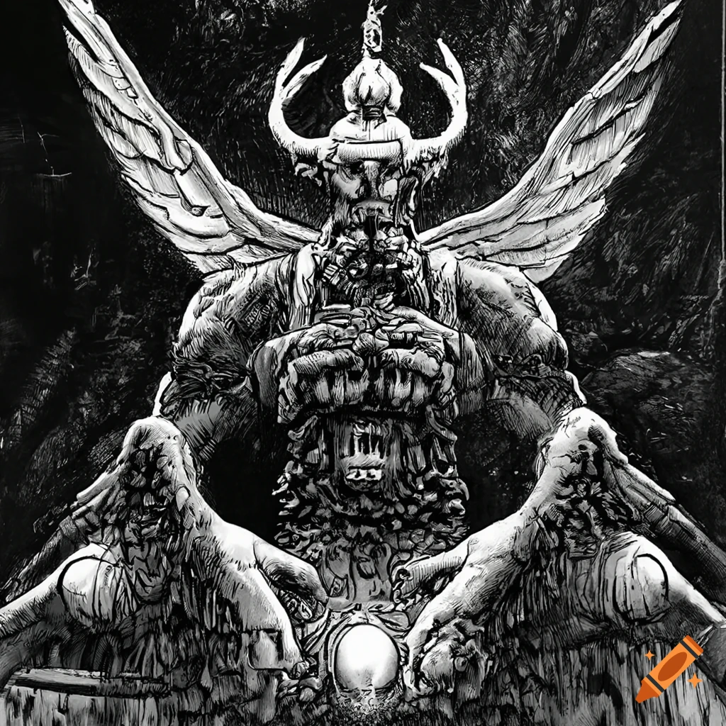 Dark heavy contrast manga illustration with angel apostle and baroque ...
