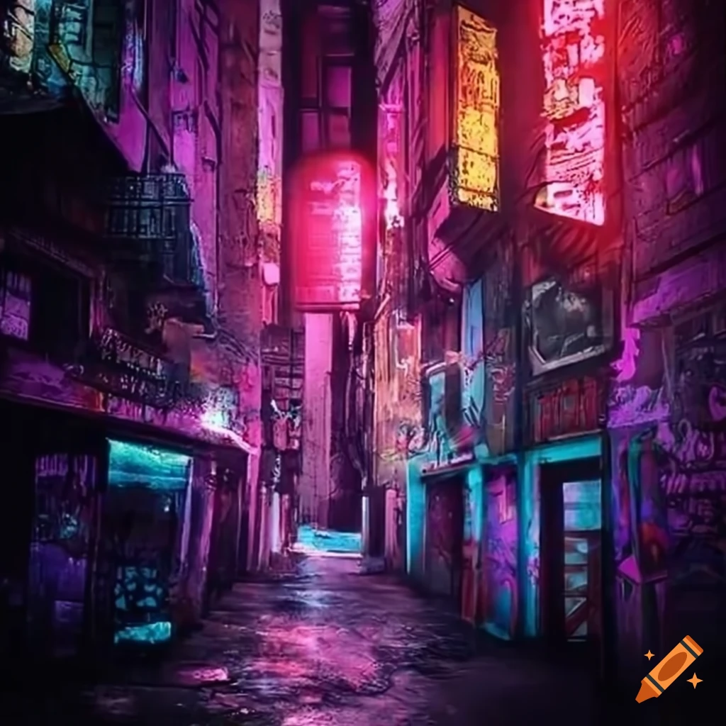 Graffiti-filled cyberpunk city alleyway on Craiyon