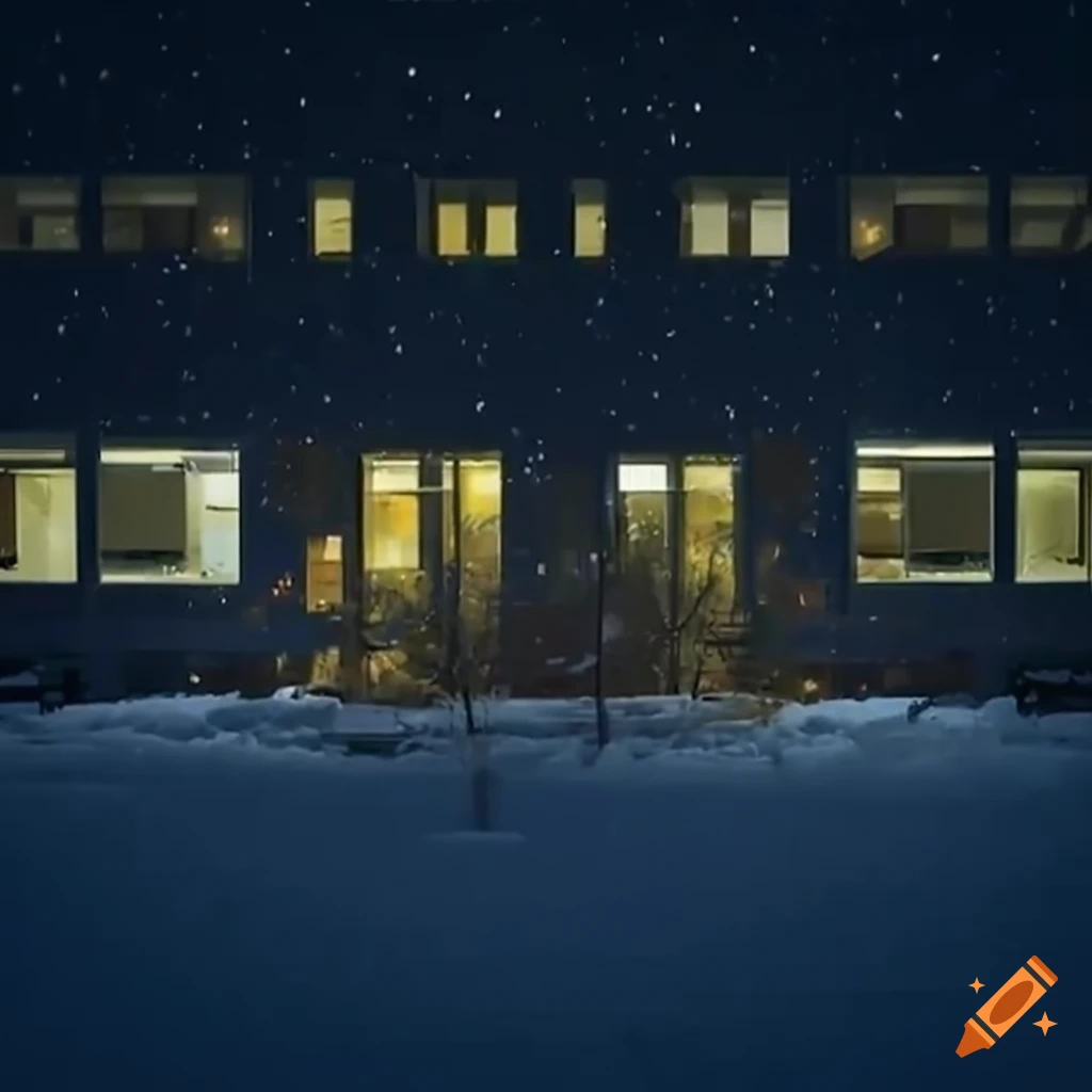 Modern college window during a snowy night storm on Craiyon