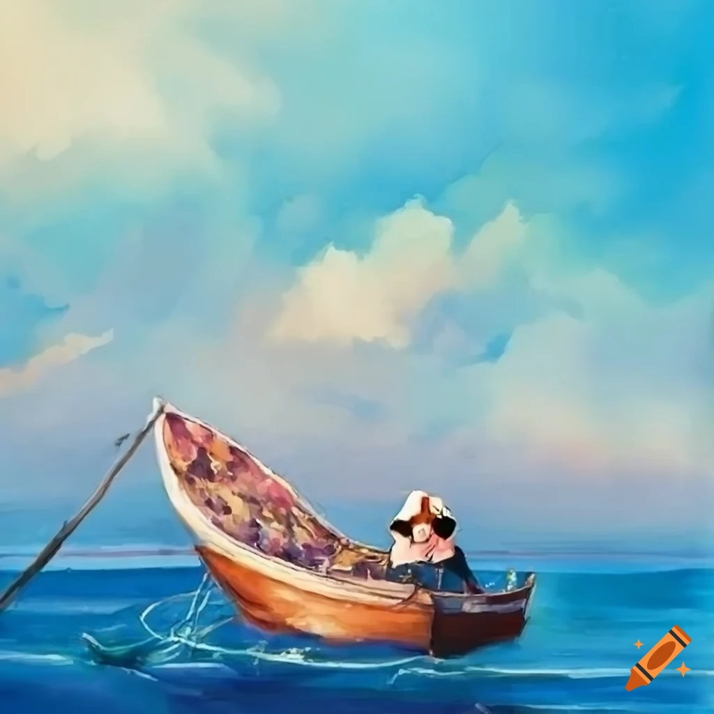 Woman in fishing boat on the ocean in anime style on Craiyon