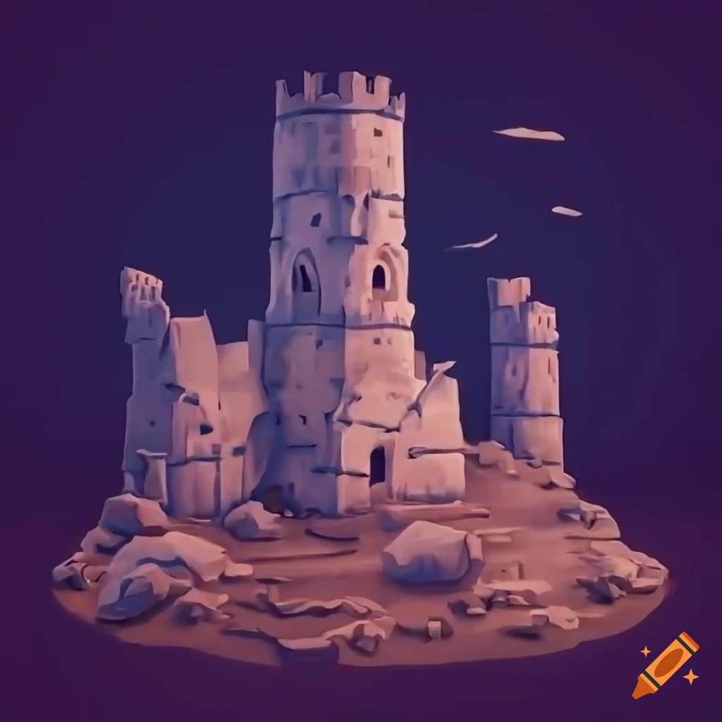 Stylized comic illustration of symmetrical castle ruins with sharp ...