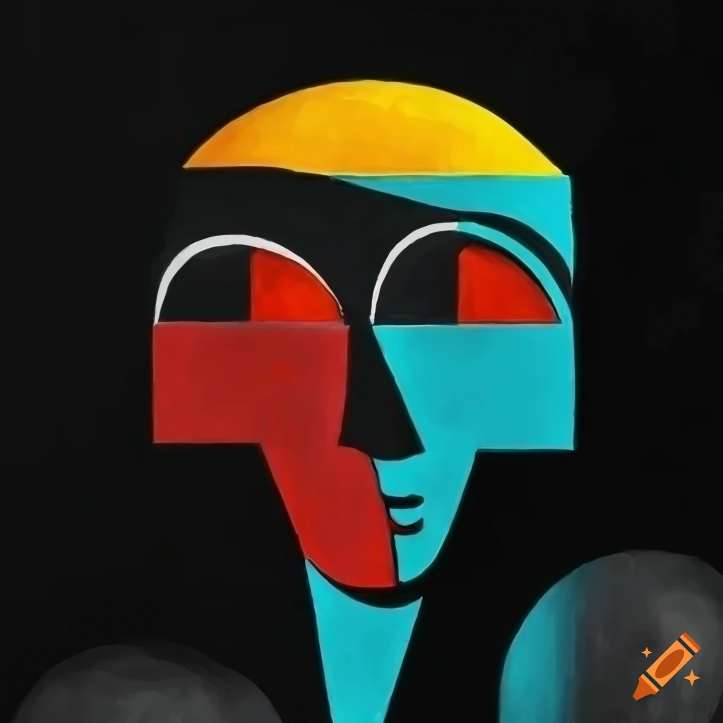 Surrealistic cubist black and white scribbles with red, yellow, and ...