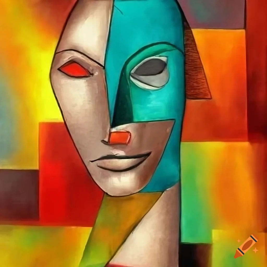 Surrealistic cubist black and white scribbles with red, yellow, and ...